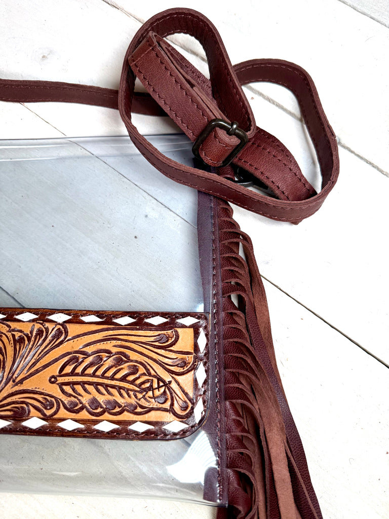Clear Tooled Leather Buckstitch Fringe Bag – Cowgirl Barn & Tack
