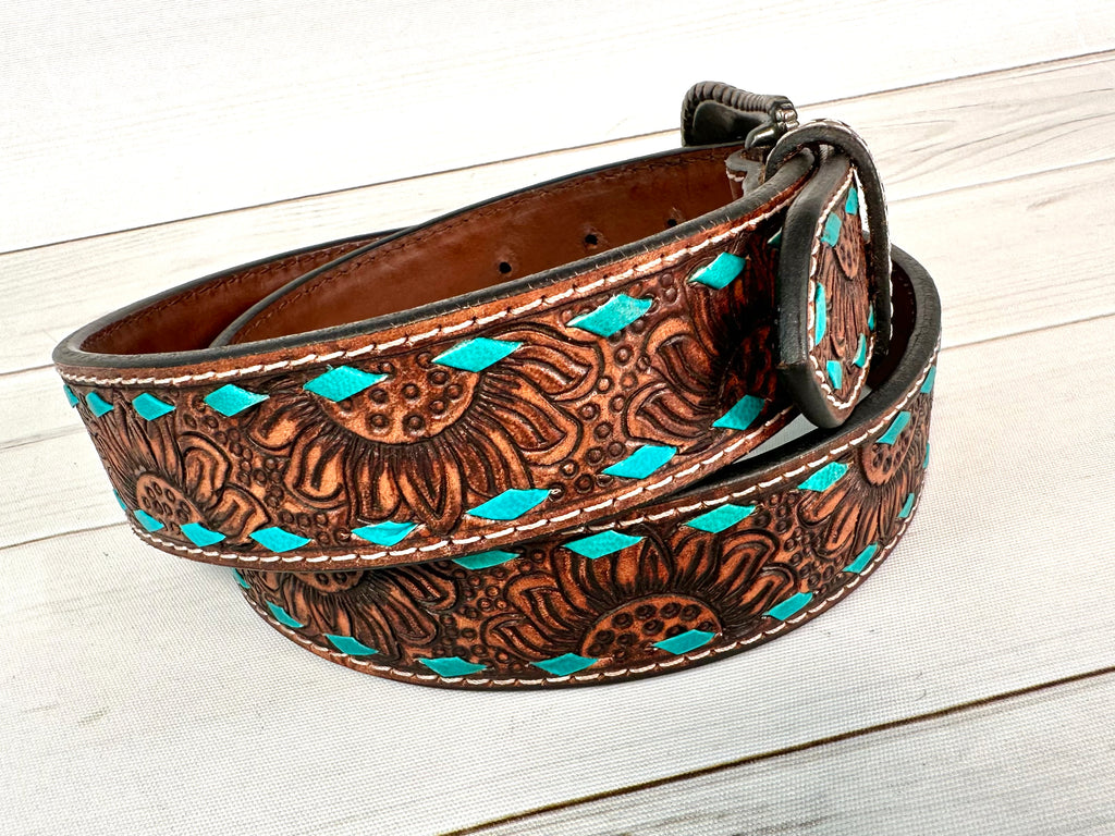 Dark Tooled Sunflower Turquoise Buckstitch Belt – Cowgirl Barn & Tack