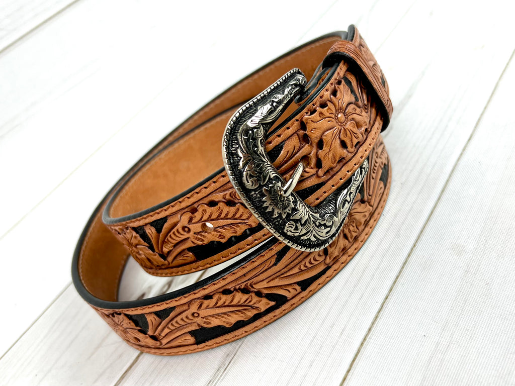Tan and Black Leather Floral Tooled Western Belt – Cowgirl Barn & Tack