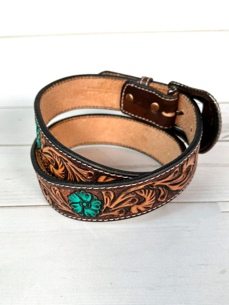 Dark Floral Tooled Turquoise Floral Western Belt – Cowgirl Barn & Tack