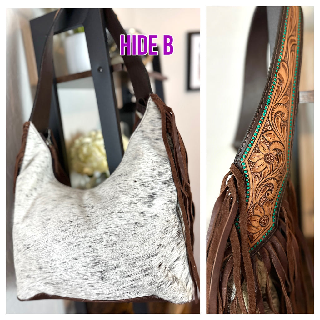 Teal Dotted Border Leather Tooled Cowhide Fringe Hobo Purse – Cowgirl ...