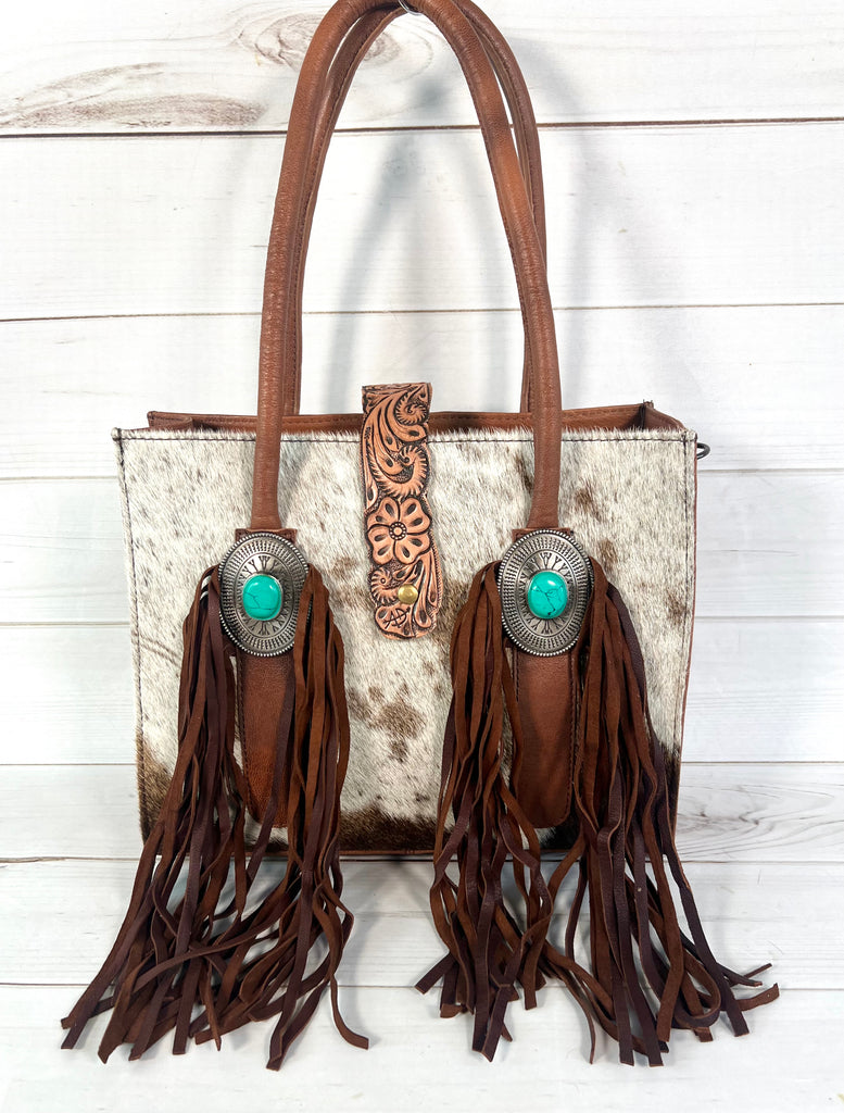 Cowhide and Leather Turquoise Concho Arm Tote – Cowgirl Barn & Tack