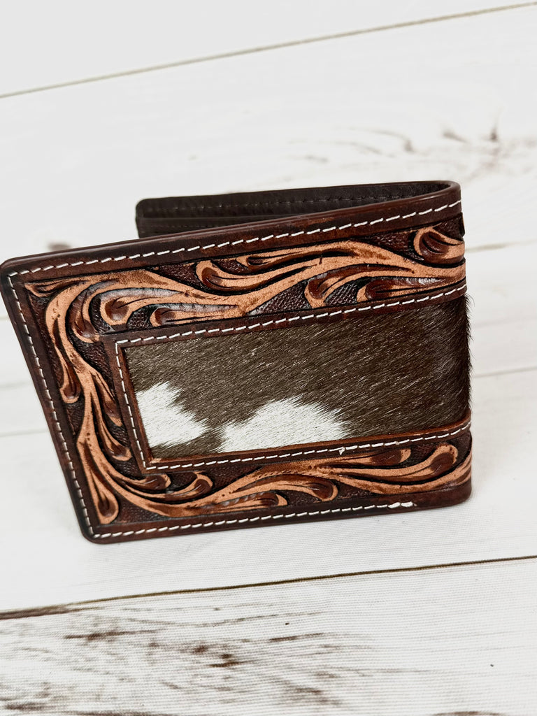 Cowhide and Tooled Leather Border Men’s Western Wallet – Cowgirl Barn ...