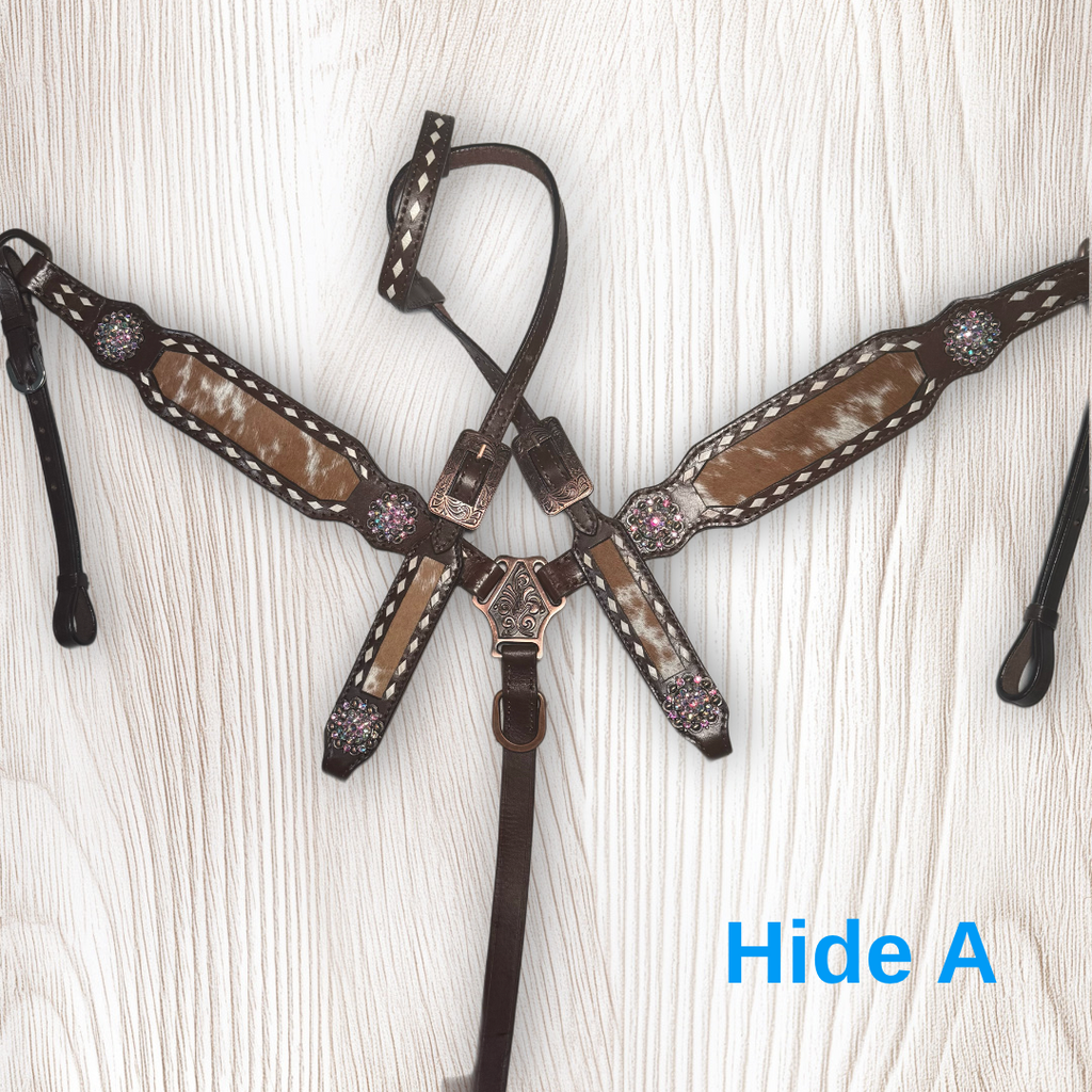 Cowhide on Dark Leather Tack Set with Buckstitch and Crystal Conchos ...