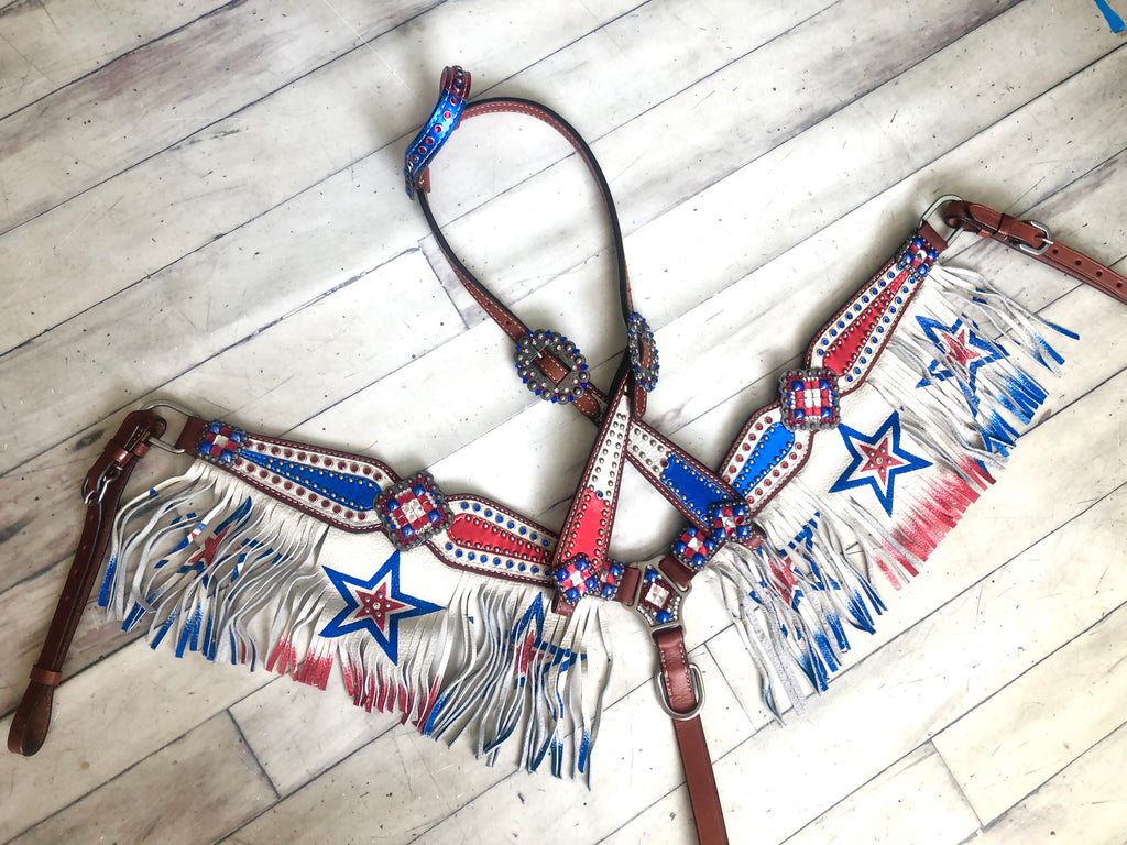 Patriotic Red White and Blue Star Fringe Leather Tack Set – Cowgirl ...