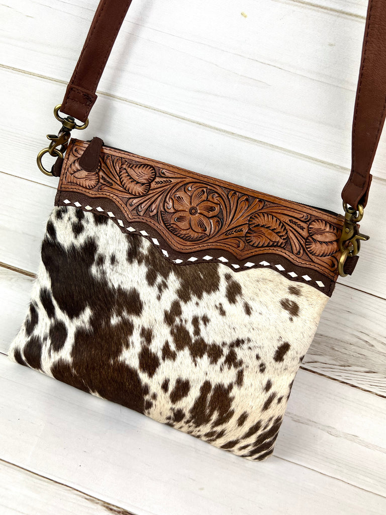 Medium Size Leather Tooled and Cowhide Western Handbag – Cowgirl Barn ...