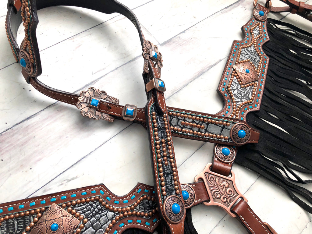 Grey Alligator Print, Teal Buck Stitch Fringe Tack Set – Cowgirl Barn ...