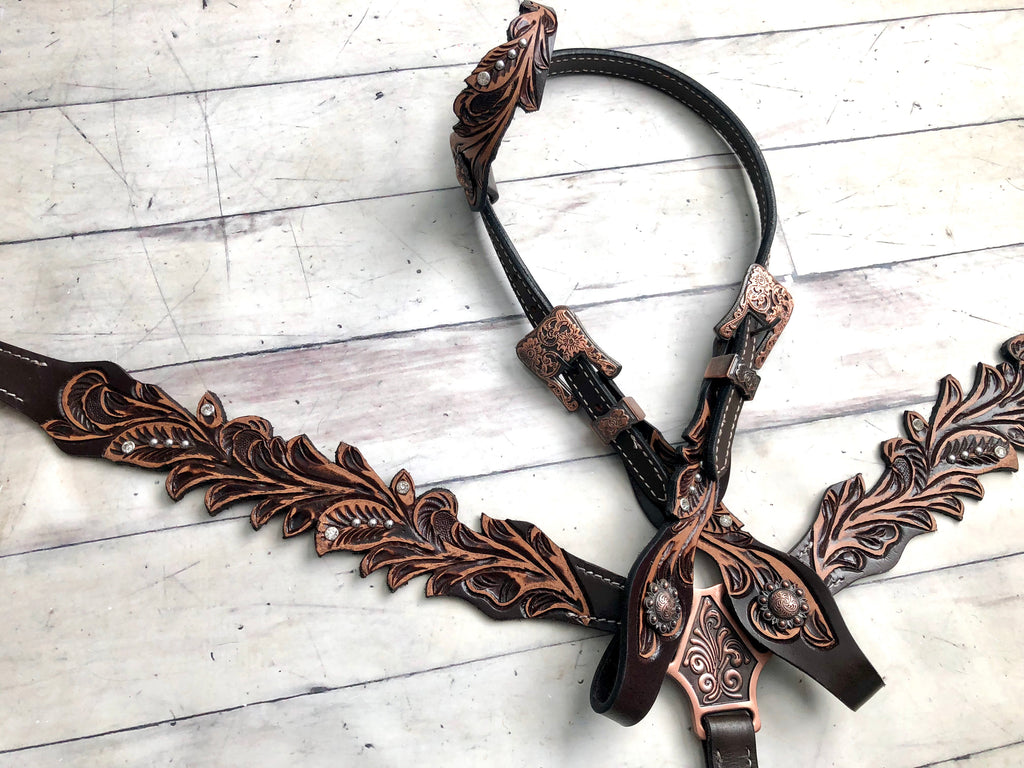 Tooled Roughout Dark To Light Distressed Leather Feather Tack Set ...