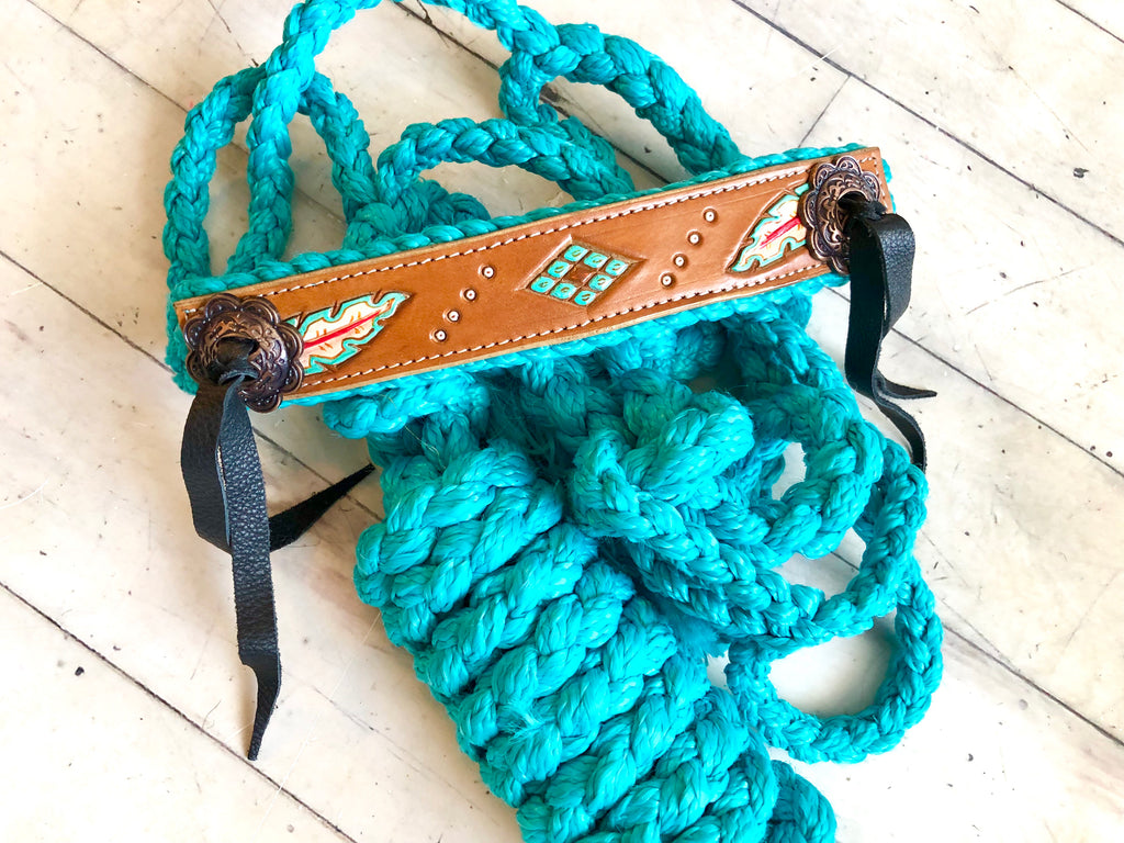Feather and Diamond Tooled Halter on Teal Nylon Muletape – Cowgirl Barn ...