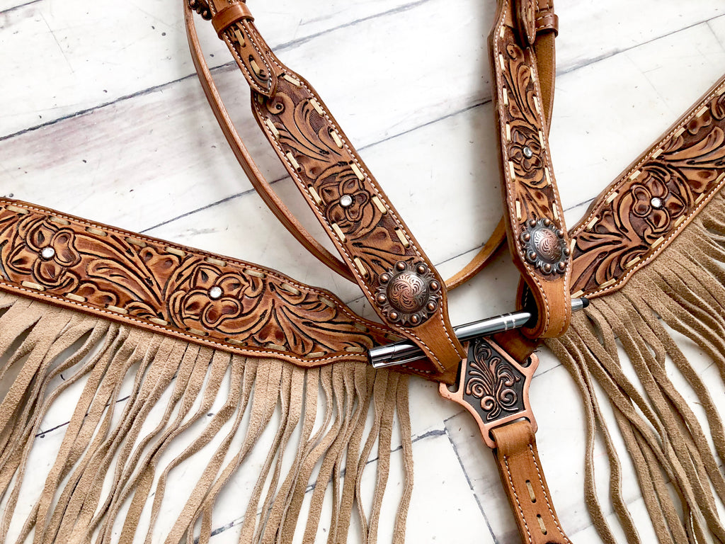 Tooled Leather with Light Suede Fringe Tack Set – Cowgirl Barn & Tack