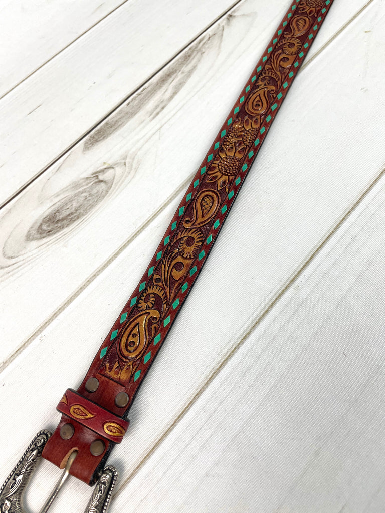 Tooled Paisley Gold Brushed Leather Woman’s Belt – Cowgirl Barn & Tack