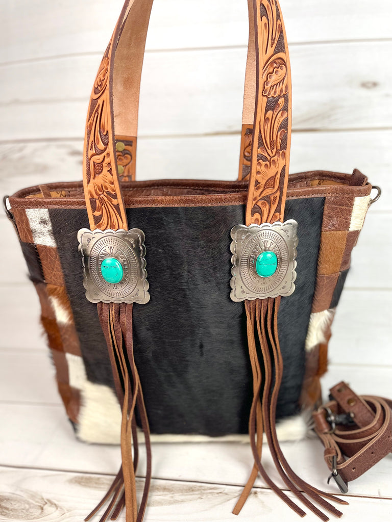 Silver Concho Cowhide Tote with Tooled Leather Straps – Cowgirl Barn & Tack