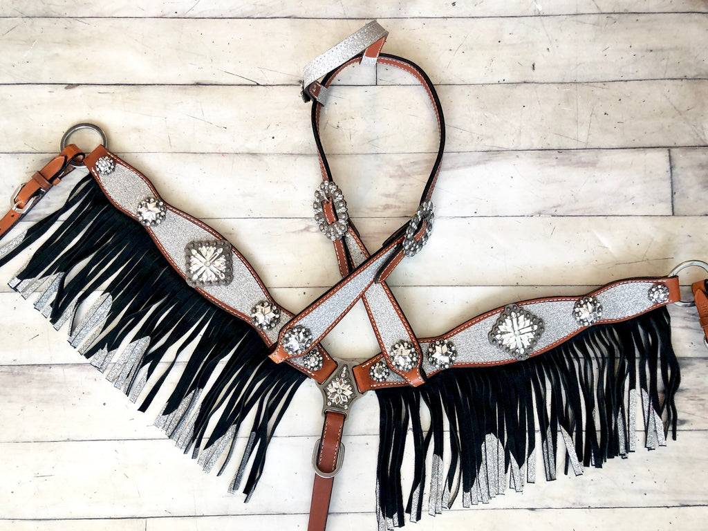 Silver Sparkle Star/Snowflake Concho Black Fringe Tack Set – Cowgirl ...