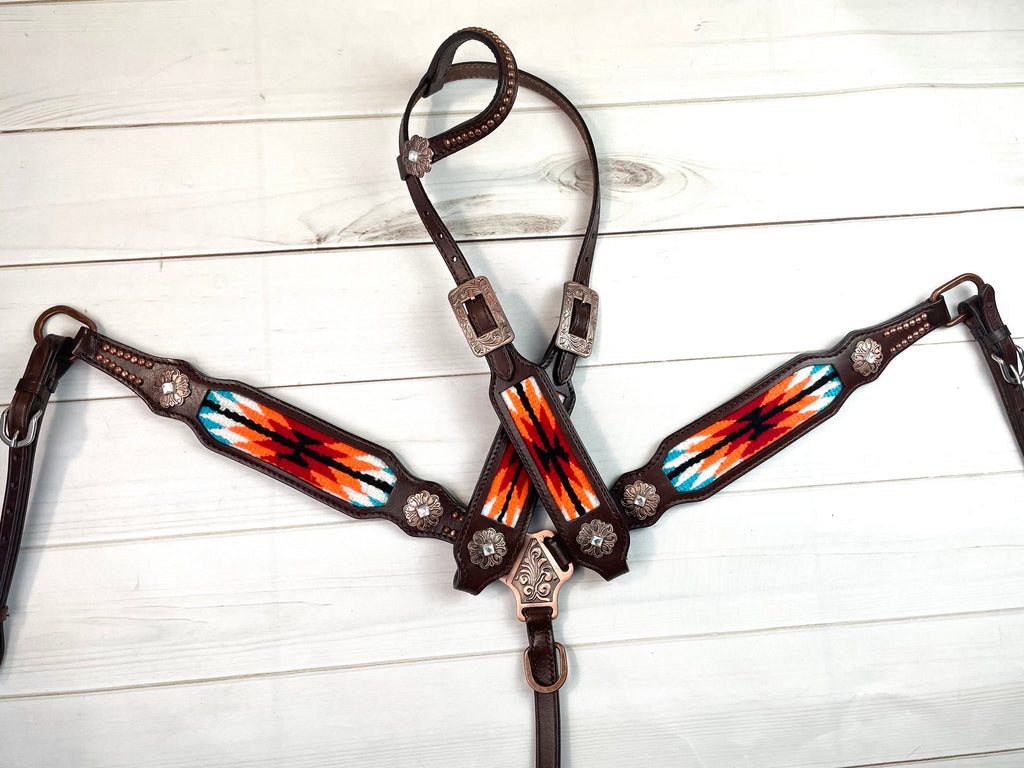 Orange and Red Pattern Woven Inset Dark Leather Tack Set – Cowgirl Barn ...