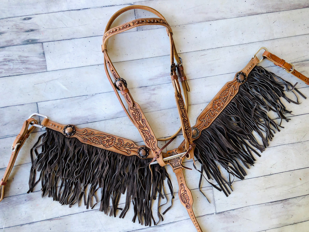 Tooled Leather Tack Set With Dark Suede Fringe – Cowgirl Barn & Tack