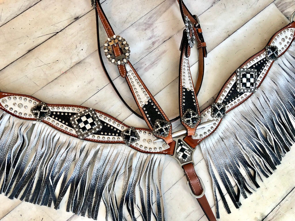 Black and White Ombre, Checkered Concho, Scalloped Leather Tack Set ...