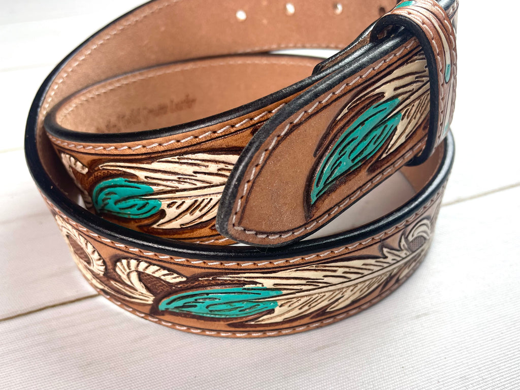 Turquoise & White Feather Tooled Leather Woman’s Belt – Cowgirl Barn & Tack